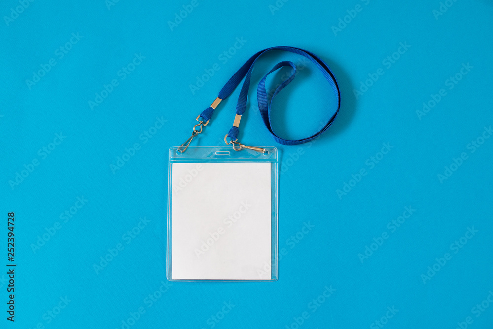 Empty ID card badge icon with blue belt, on blue background. Space for ...