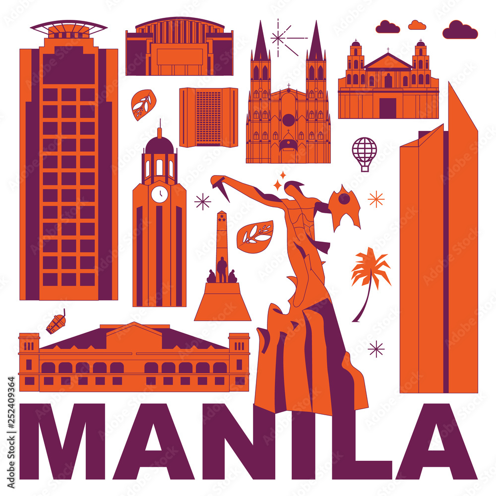 Manila culture travel set, famous architectures and specialties in flat ...