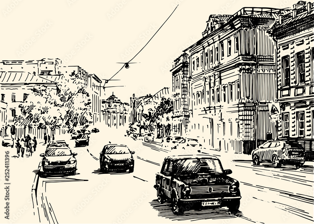 Vector city street scene. Freehand sketch style illustration. Stock ...