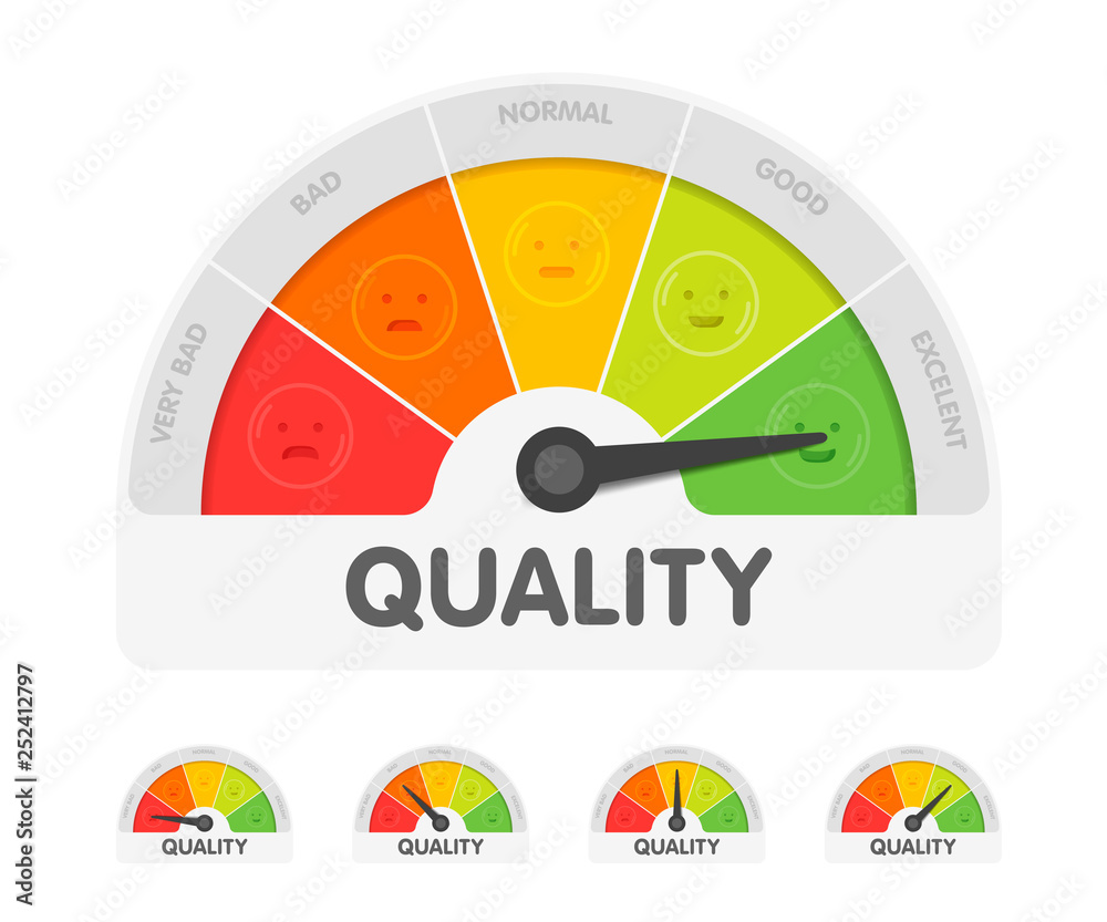 Quality meter with different emotions. Measuring gauge indicator vector ...