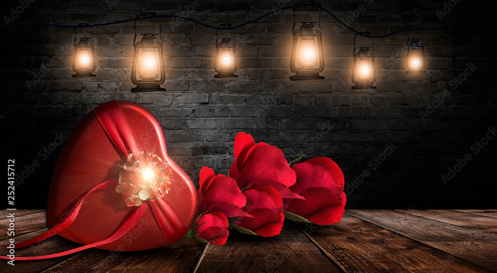 Romantic background with flowers, red roses and a box, a heart-shaped ...