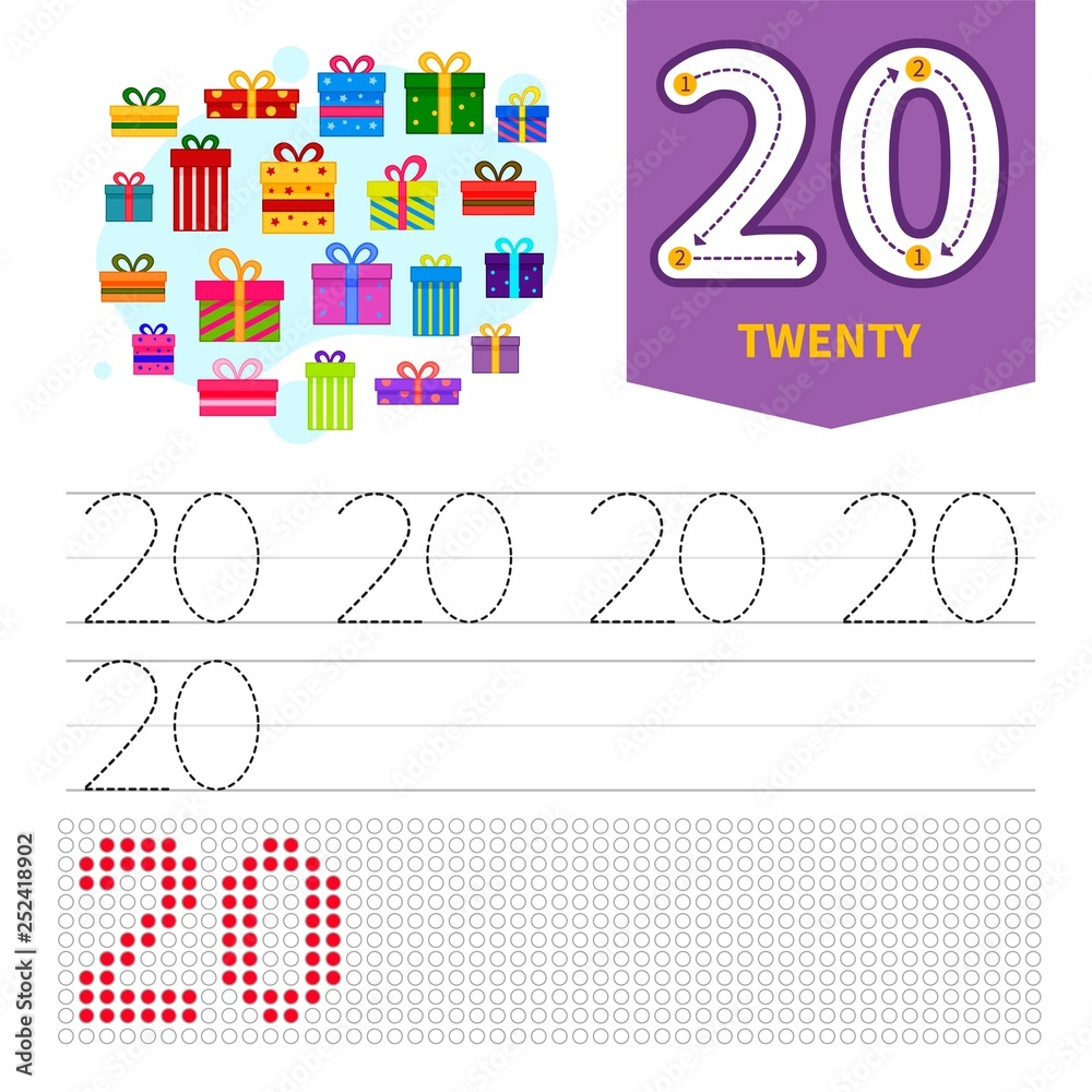 Kids learning material. Card for learning numbers. Number 20. Cartoon ...