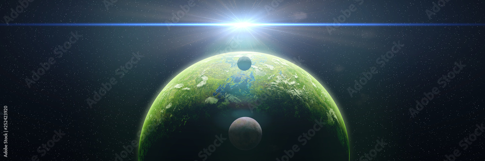 sunrise over alien world, exoplanet around a bright star, life on ...