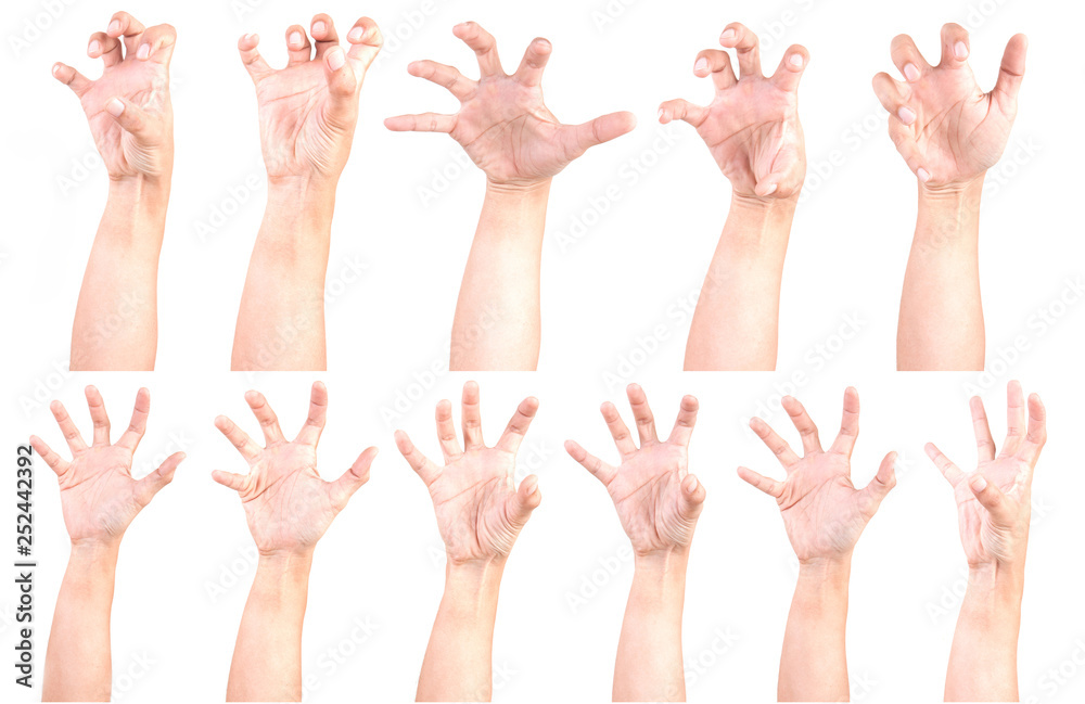 Multiple Male Caucasian hand gestures isolated over the white ...