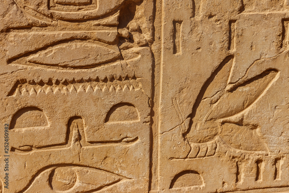 Ancient egyptian hieroglyphs on the wall in Karnak Temple Complex in ...