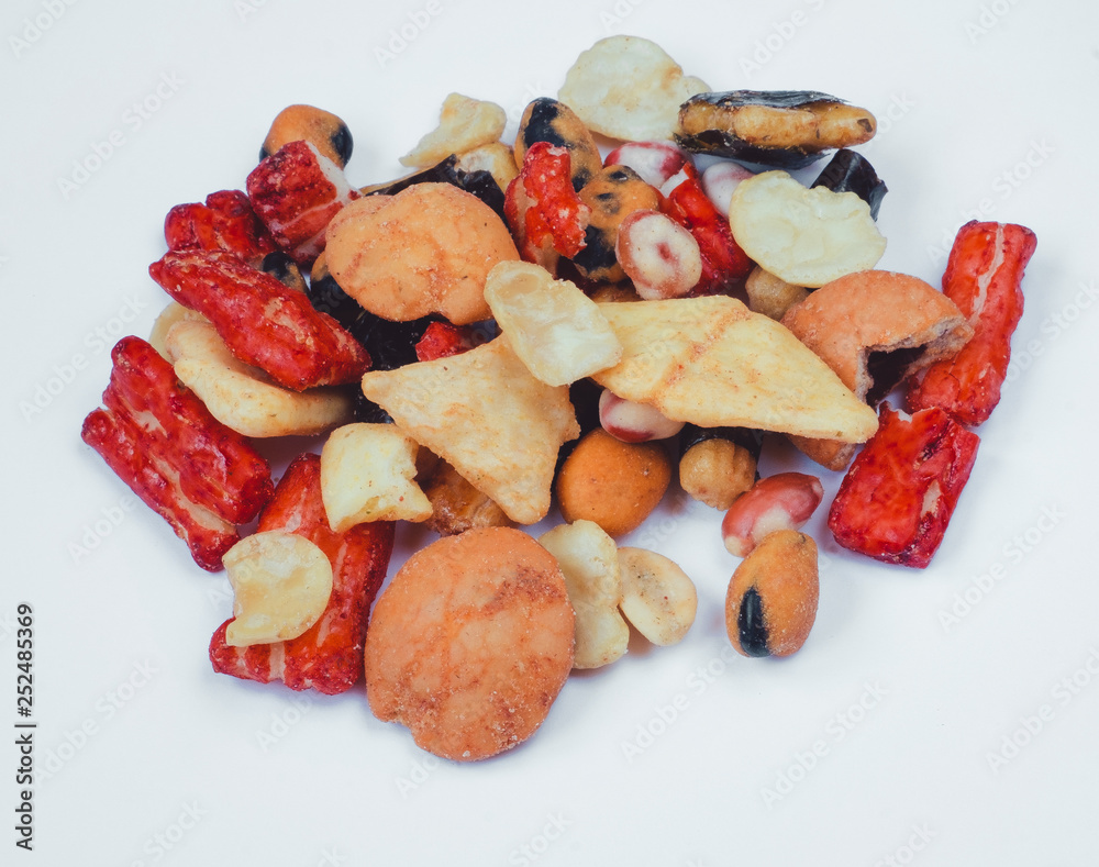 Mix of Asian snack on white background. Including Nori Maki Arare rice ...