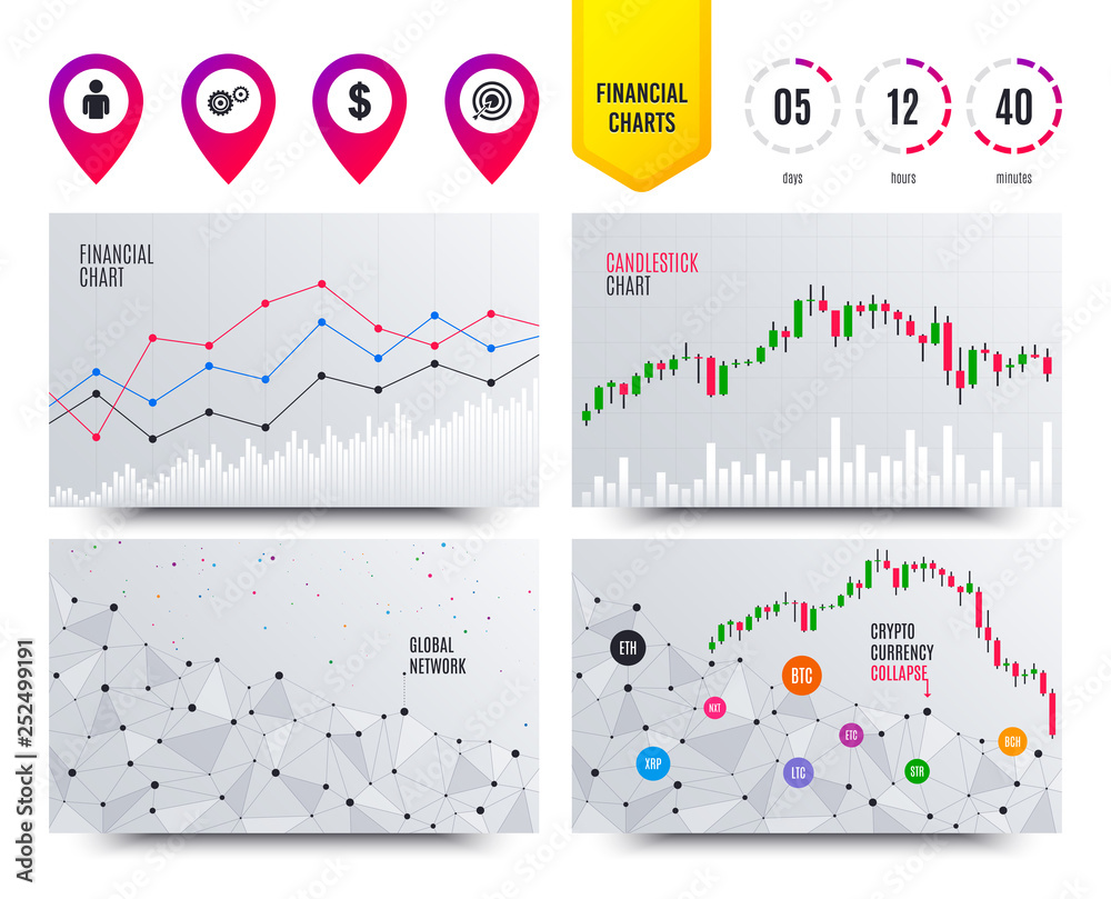 Financial planning charts. Business icons. Human silhouette and aim ...