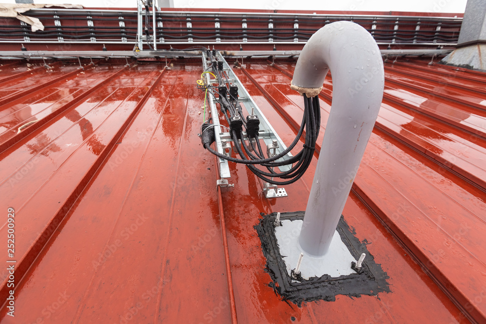 Cable tray outside with telecommunications cables, optic fiber, power ...