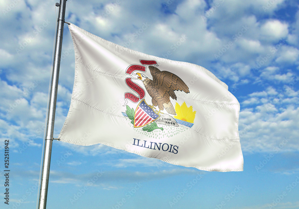 Illinois state of United States flag waving sky background 3D ...