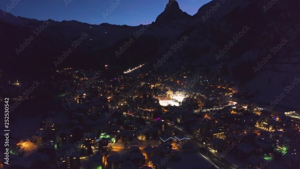 Illuminated Zermatt Village and Matterhorn Mountain at Winter Night ...