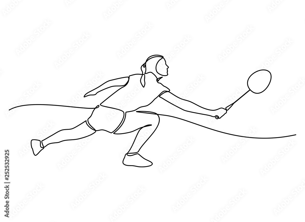 Continuous one line drawing of a teenage girl playing Badminton players ...