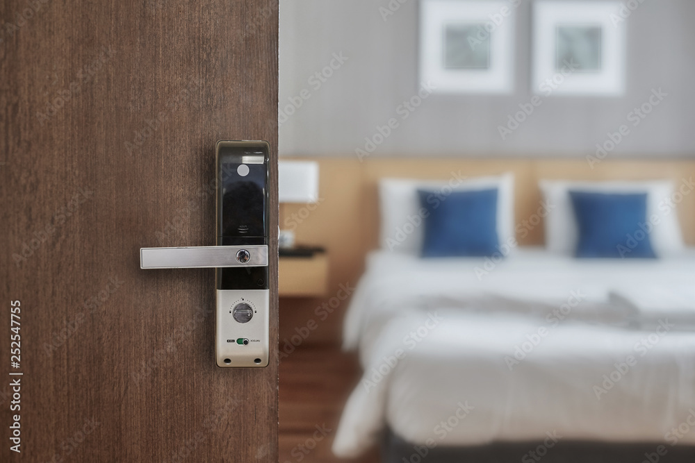 Hotel room opened with digital door access control, Condominium or ...