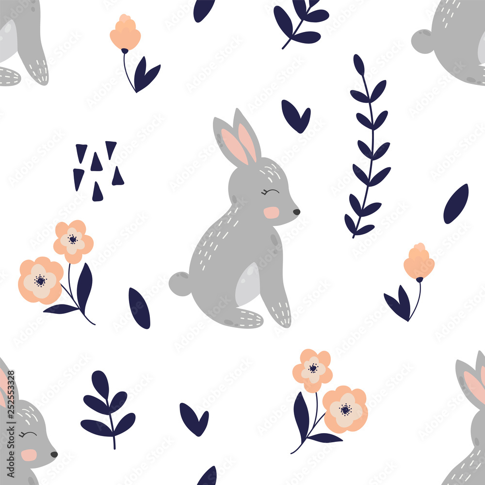 Cute cartoon rabbit seamless pattern. Rabbit and flowers vector ...