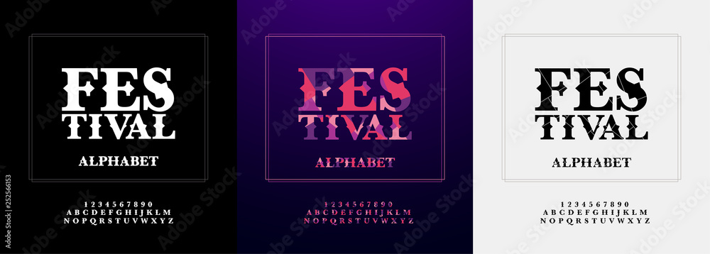 festival modern alphabet and number font set. Typography color paper ...