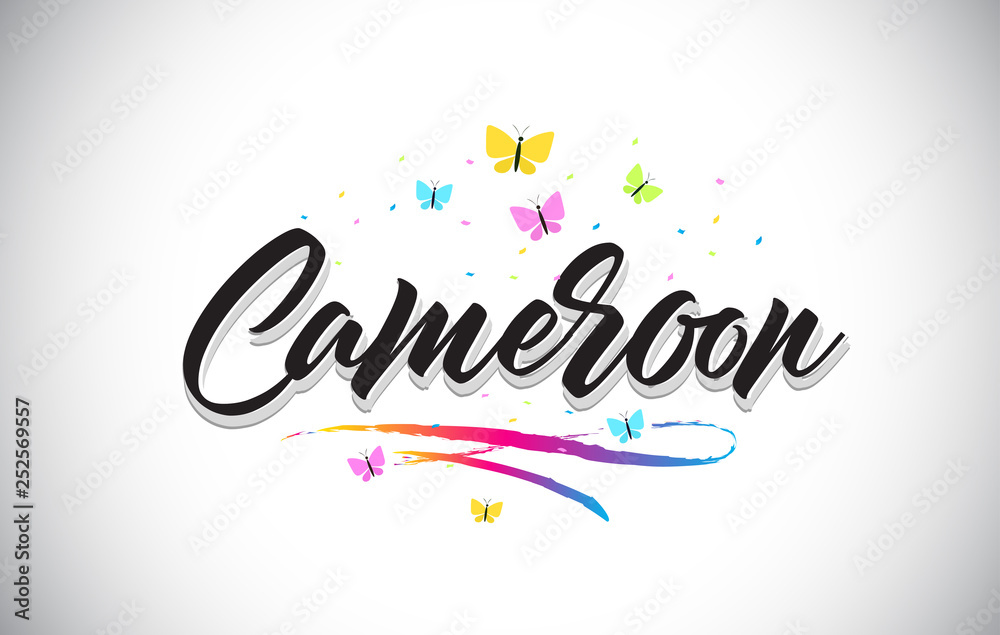 Cameroon Handwritten Vector Word Text with Butterflies and Colorful ...