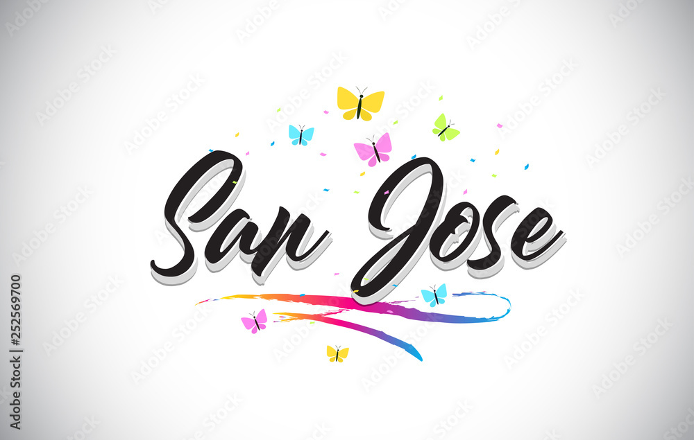 San Jose Handwritten Vector Word Text with Butterflies and Colorful ...
