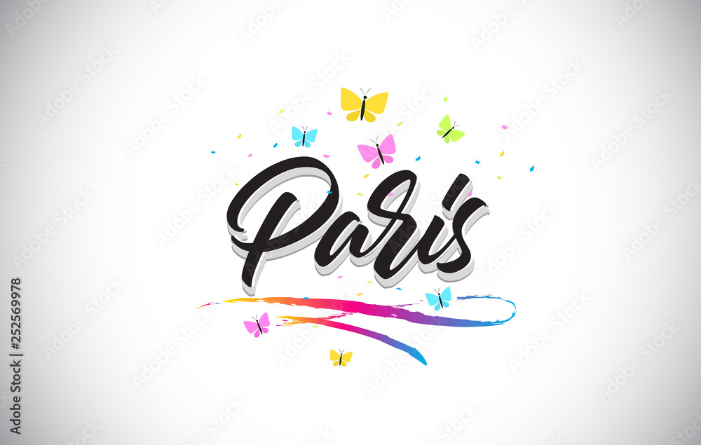 Paris Handwritten Vector Word Text with Butterflies and Colorful Swoosh ...