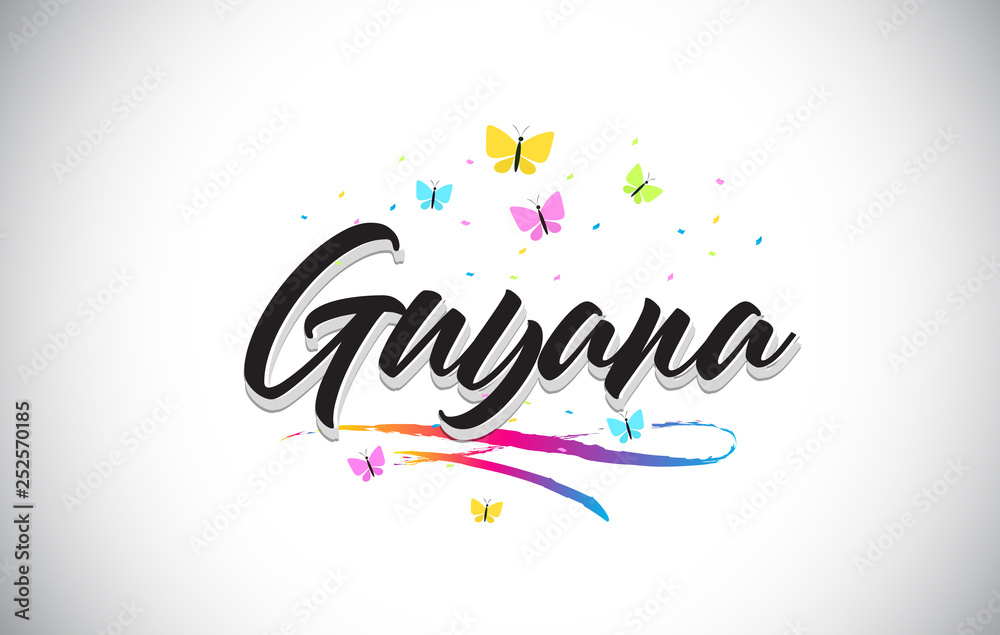 Guyana Handwritten Vector Word Text with Butterflies and Colorful ...