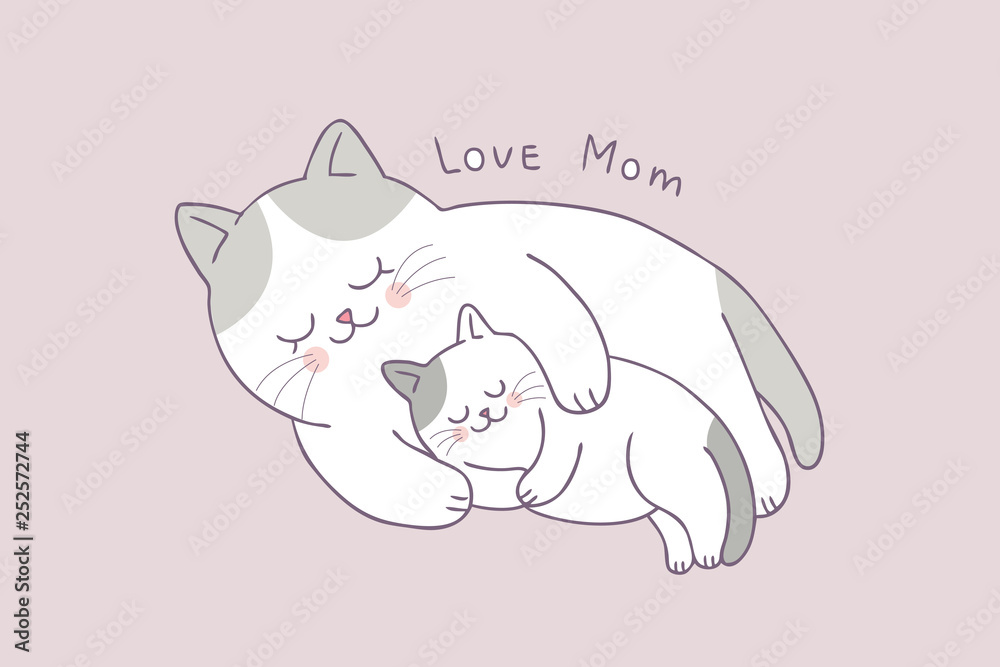 Cartoon cute mom and baby cat sleeping vector. Stock Vector | Adobe Stock