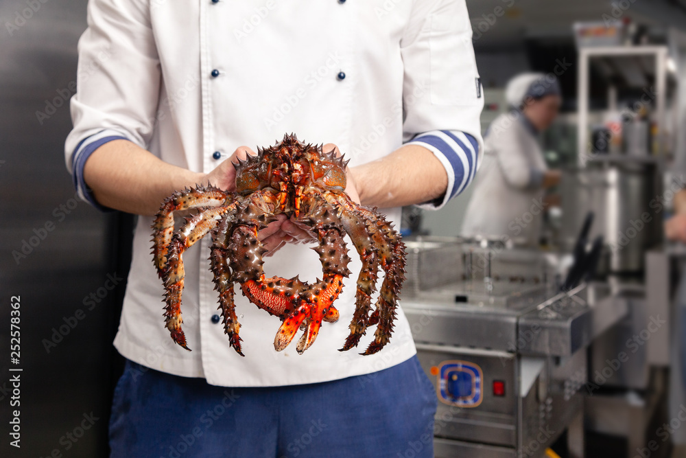 Chef of premium michelin restaurant in white uniform is holding fresh ...