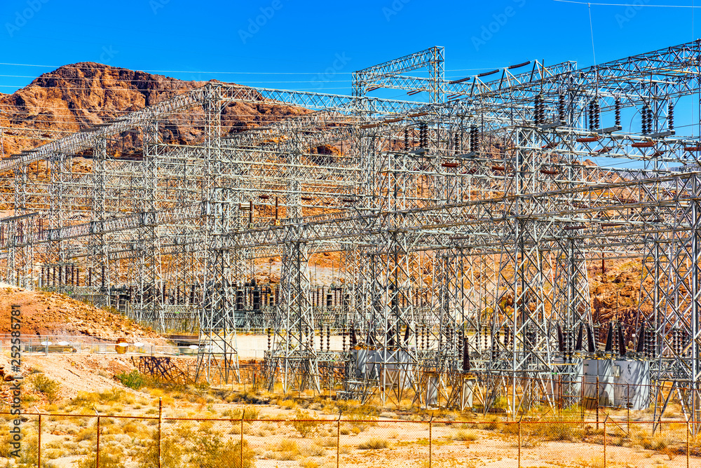 Substation and Power Transmission Lines in american desert. Stock Photo ...