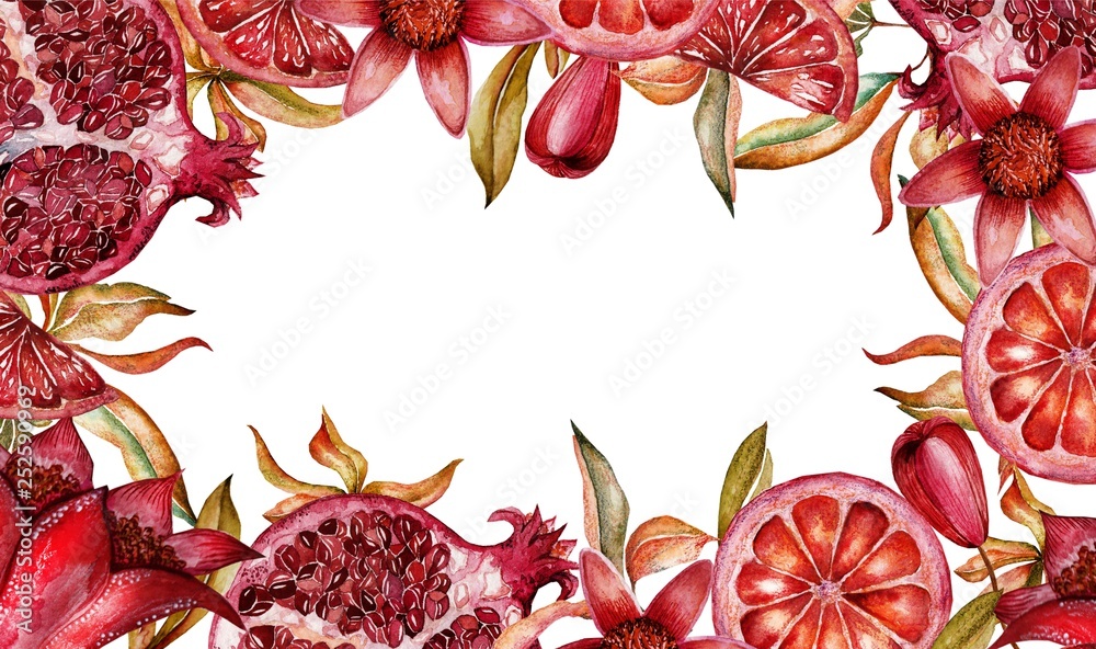 Cute colorful floral pomegranate frame, border on white background for ...