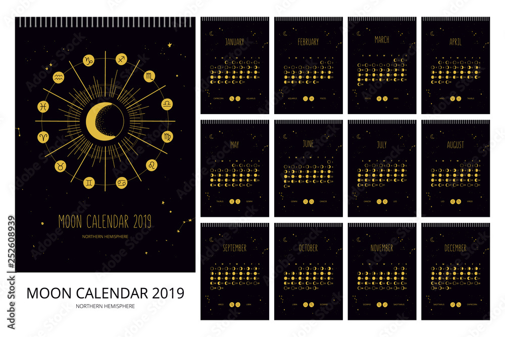 Vector moon calendar 2019. Zodiac signs. Northern hemisphere. Hand ...