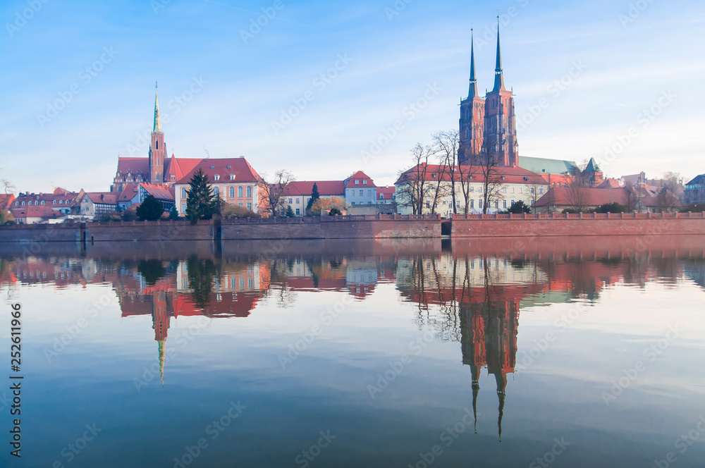 Cathedral of St. John the Baptist twin towers Odra river sunset Wroclaw ...