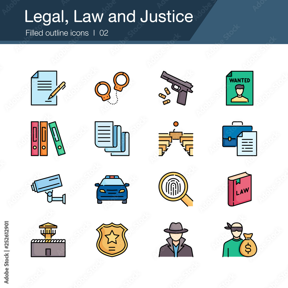 Legal, Law and Justice icons. Filled outline design. For presentation ...