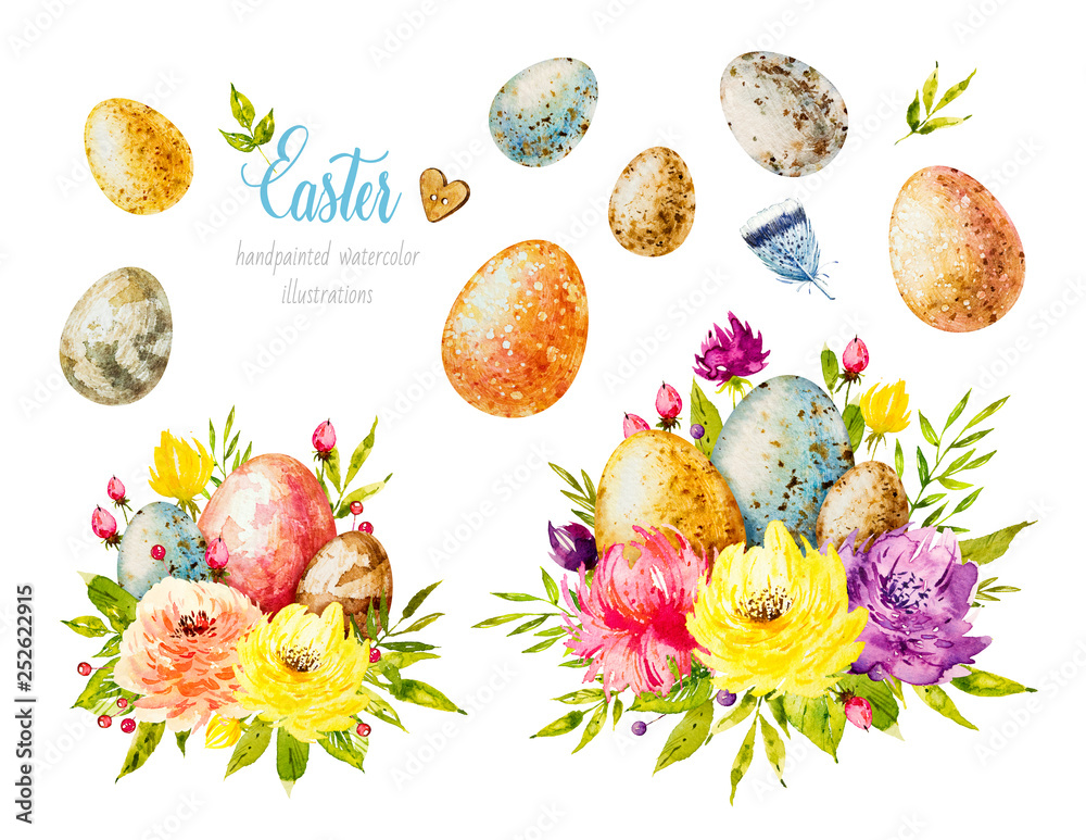 Watercolor Easter. Feathers. Easter eggs. Watercolor botanical ...