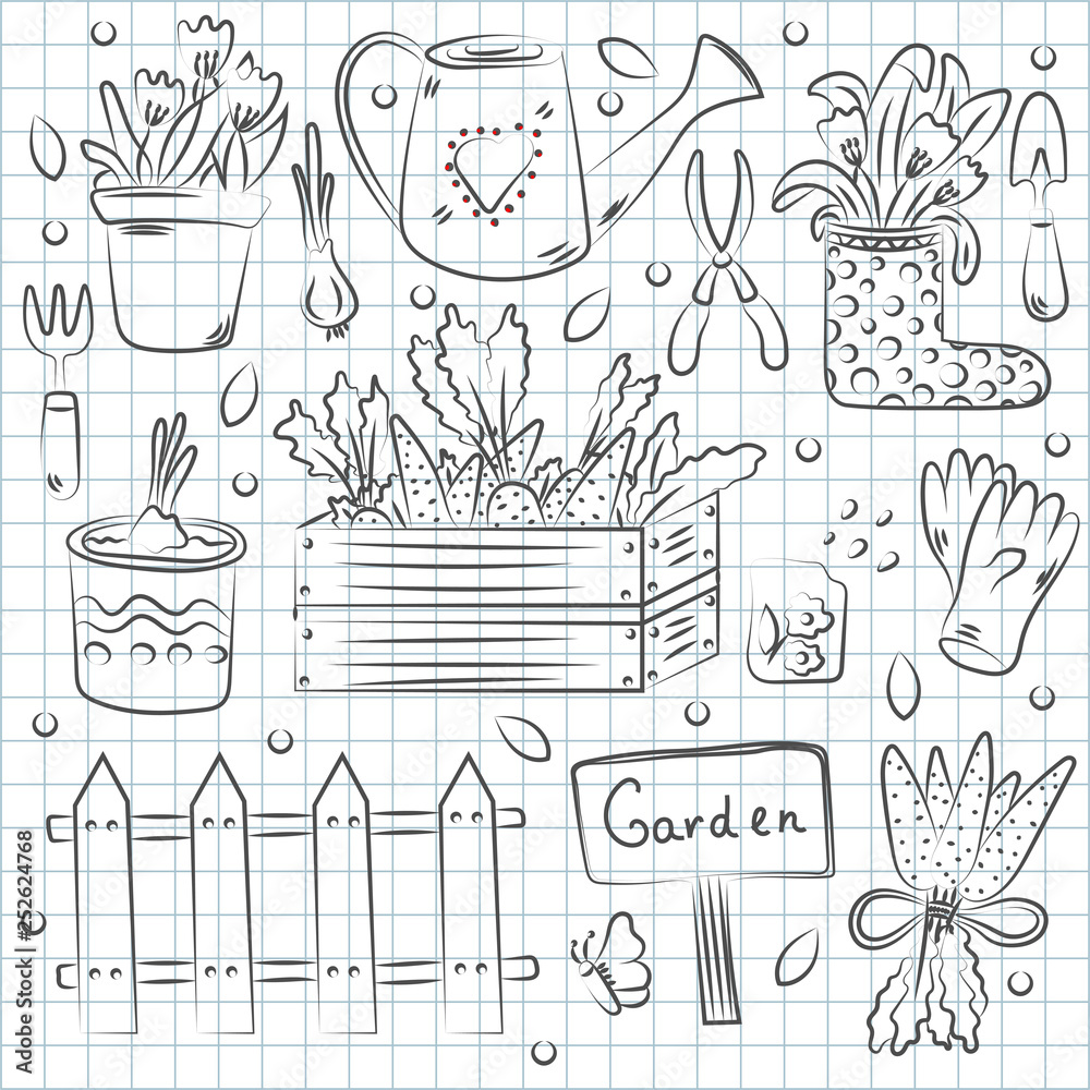 Hand drawn set of garden tools. Vintage ink drawing. Vector ...