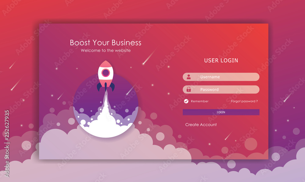 log in page design, rocket launcher template Vektor Stok | Adobe Stock