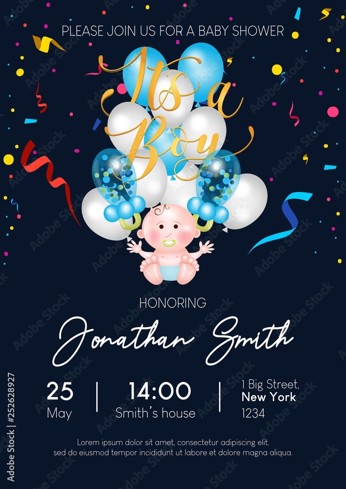 It's a boy cute baby shower invitation with balloons, confetti and ...