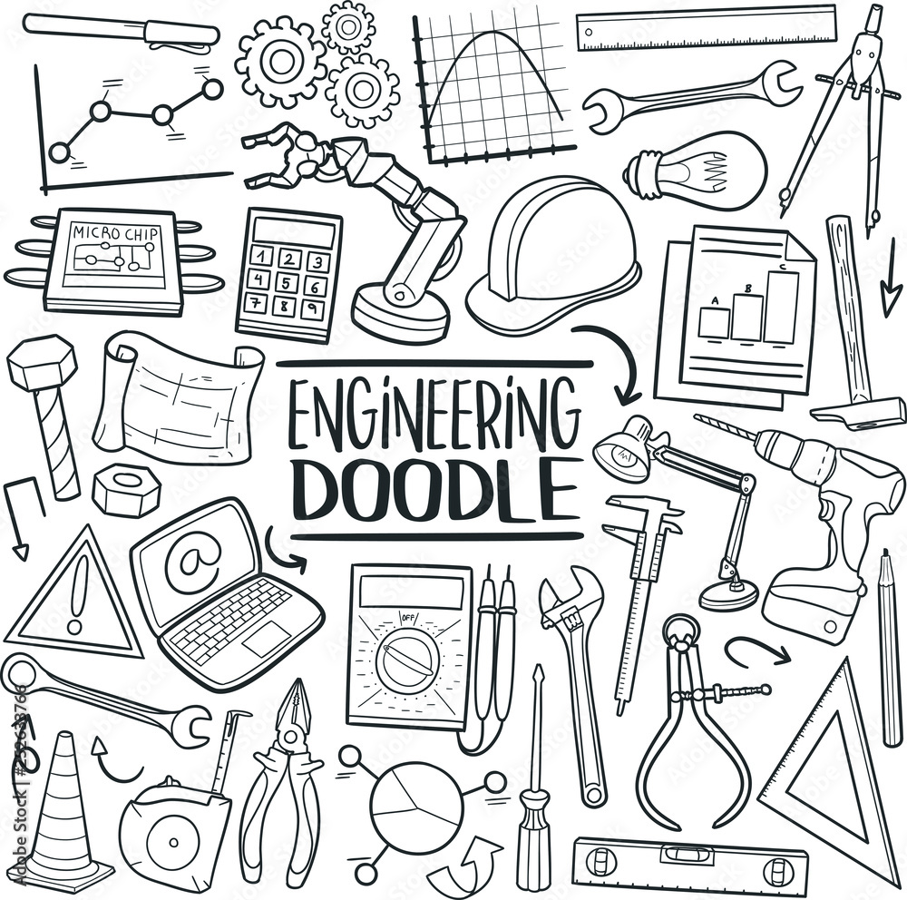 Engineering Traditional Doodle Icons Sketch Hand Made Design Vector ...