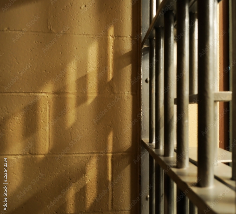 Poster A jail cell door with it's shadow cast upon the wall next it ...