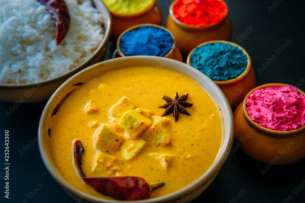 Holi indian festival of colors. Food with colours, steam rice, panir ...