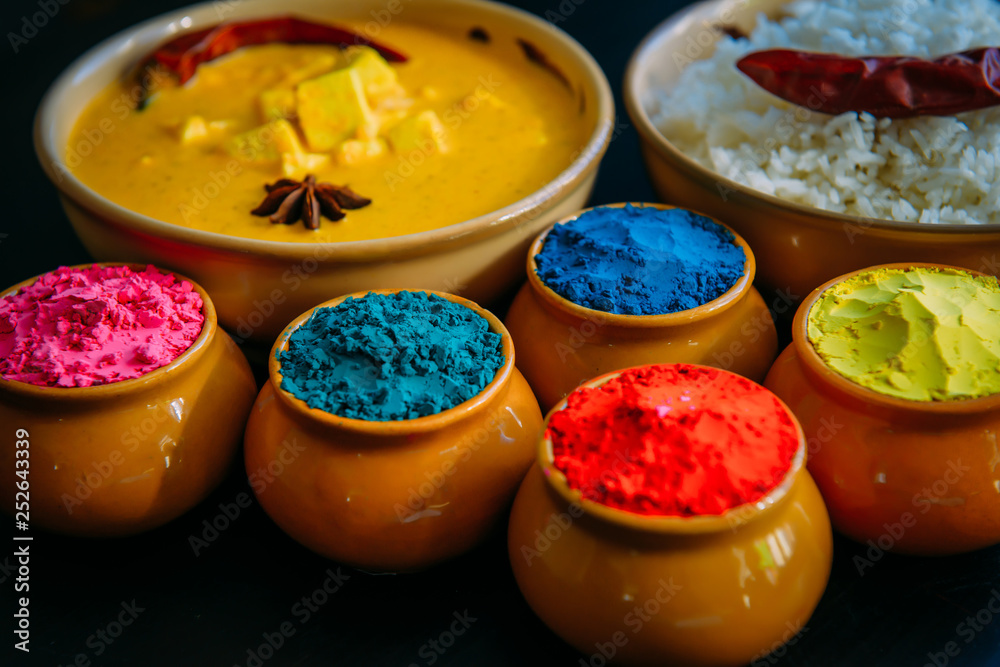 Holi indian festival of colors. Food with colours, steam rice, panir ...