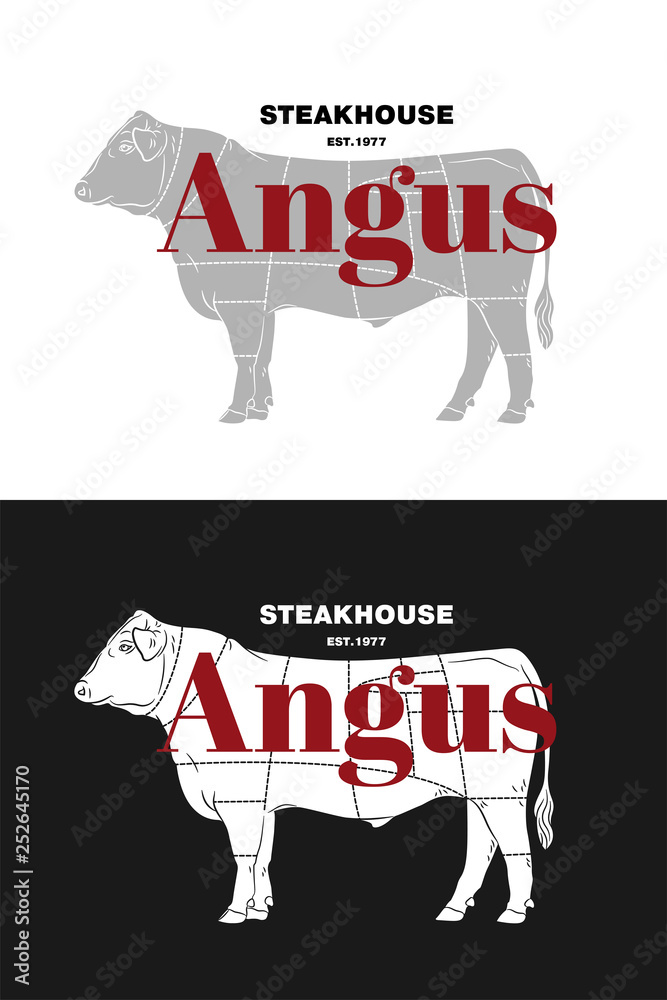Beef cow butcher meat shop logotype or sign. Calf bull Angus isolated ...