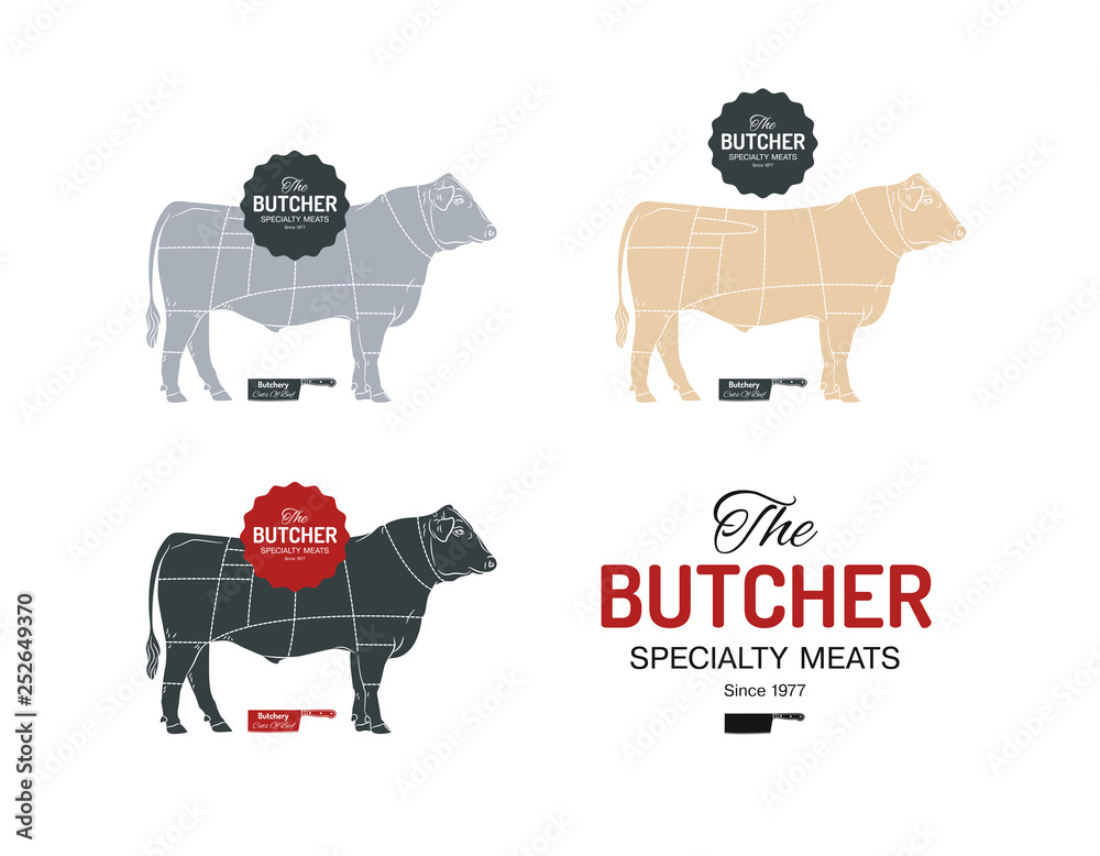 Butcher Speciality Meats shop logotype or sign. With chart of cuts of ...