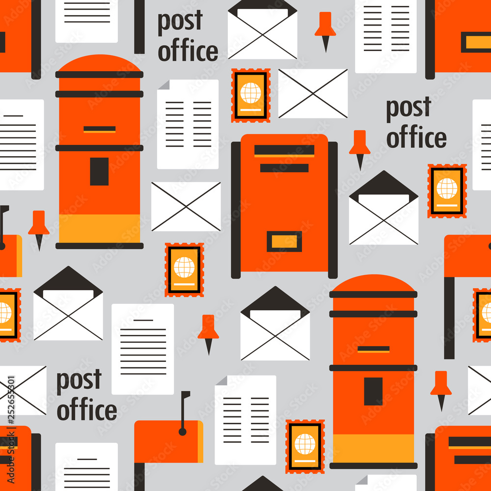Seamless pattern with mail boxes, envelopes and letters. Set of objects ...