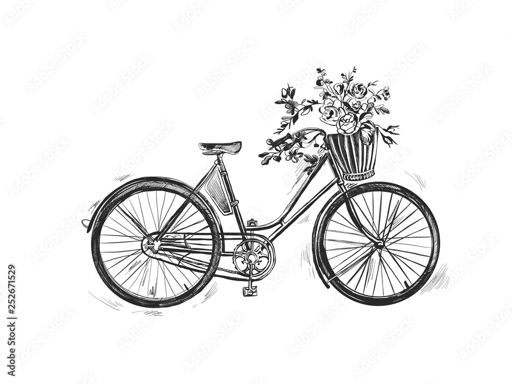 Vector hand drawn illustration of city bicycle in ink hand drawn style ...