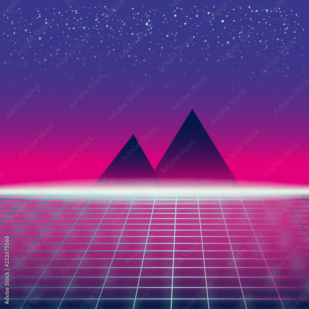 Synthwave Retro Futuristic Landscape With Pyramids And Styled Laser ...