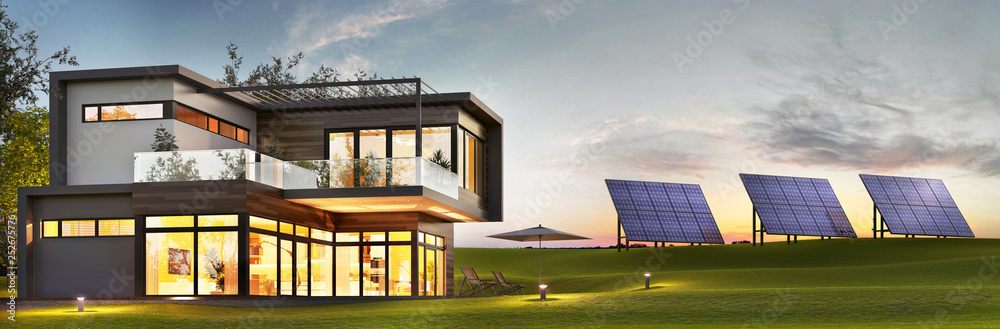 Evening view of a luxurious modern house with solar panels Stock ...