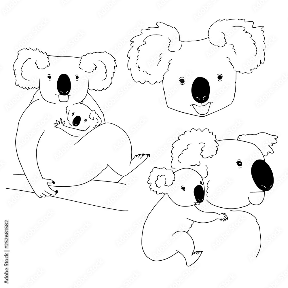 Sketches of cute cartoon koalas with babies on white background. Set of ...