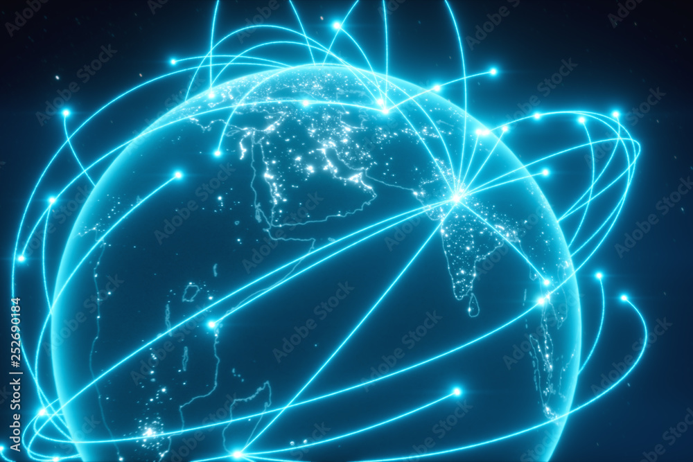 World connections with city lights. Blue. Earth globe. Spinning Earth ...