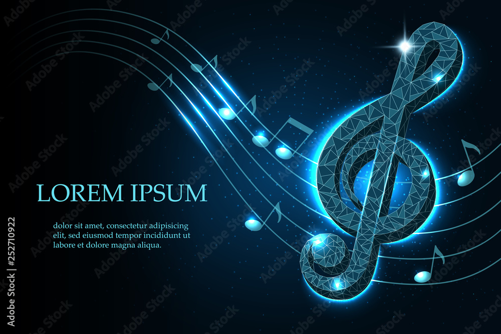 Music treble clef and notes in swirl on a dark blue starry sky ...