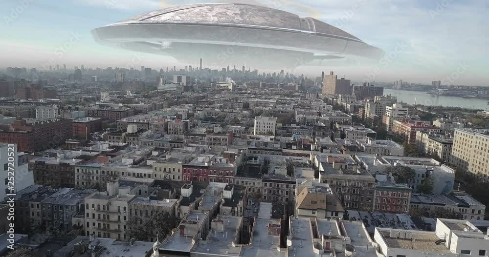 Alien Spaceship Hovering over New York Illustration Video Compositing ...