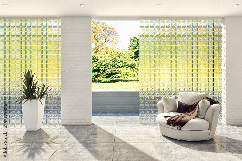 large luxury modern bright interiors with wall with glass bricks room ...