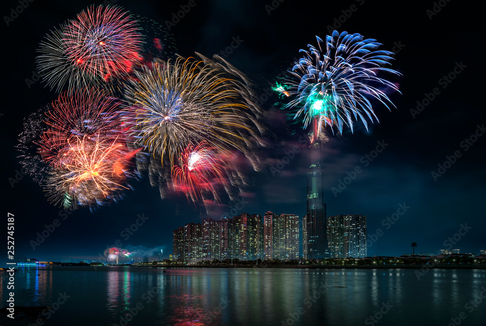 Ho Chi Minh City, Vietnam - February 4th, 2019: Colorful fireworks ...