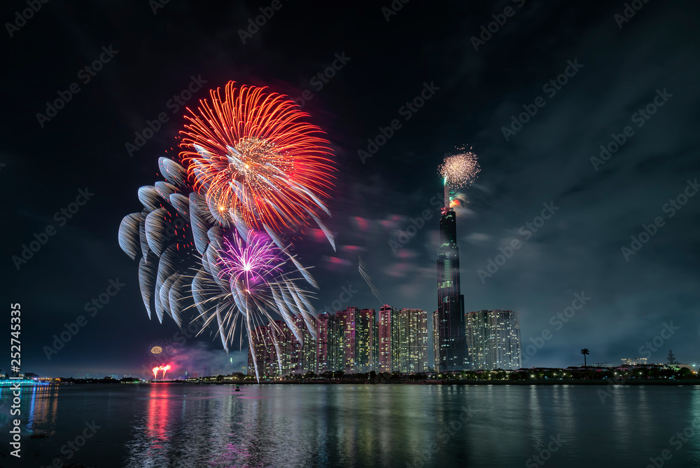 Ho Chi Minh City, Vietnam - February 4th, 2019: Colorful fireworks ...